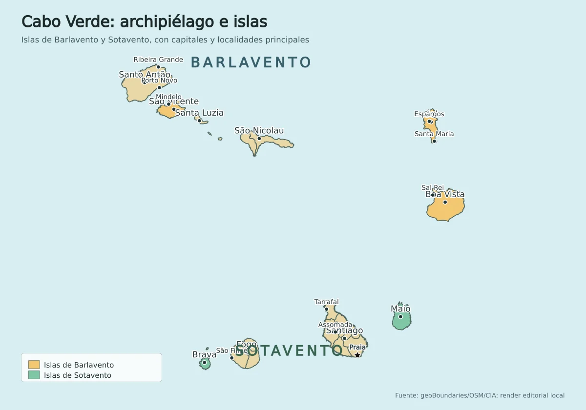 Mapa de Cabo Verde: islas, municipios, Fogo, Santiago, Praia y relieve