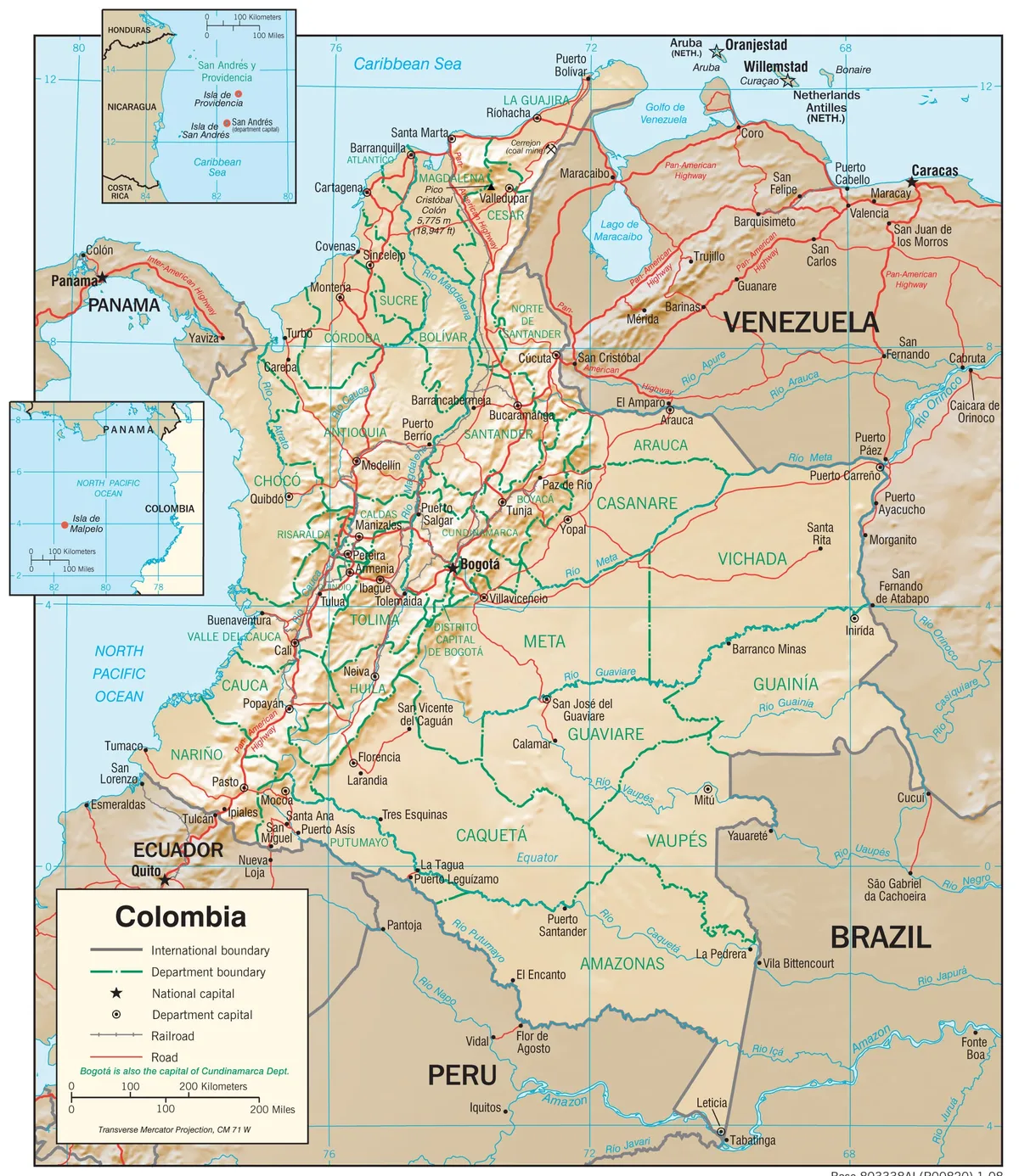 Mapa de Colombia: departamentos, Andes, Caribe, Amazonía y transporte