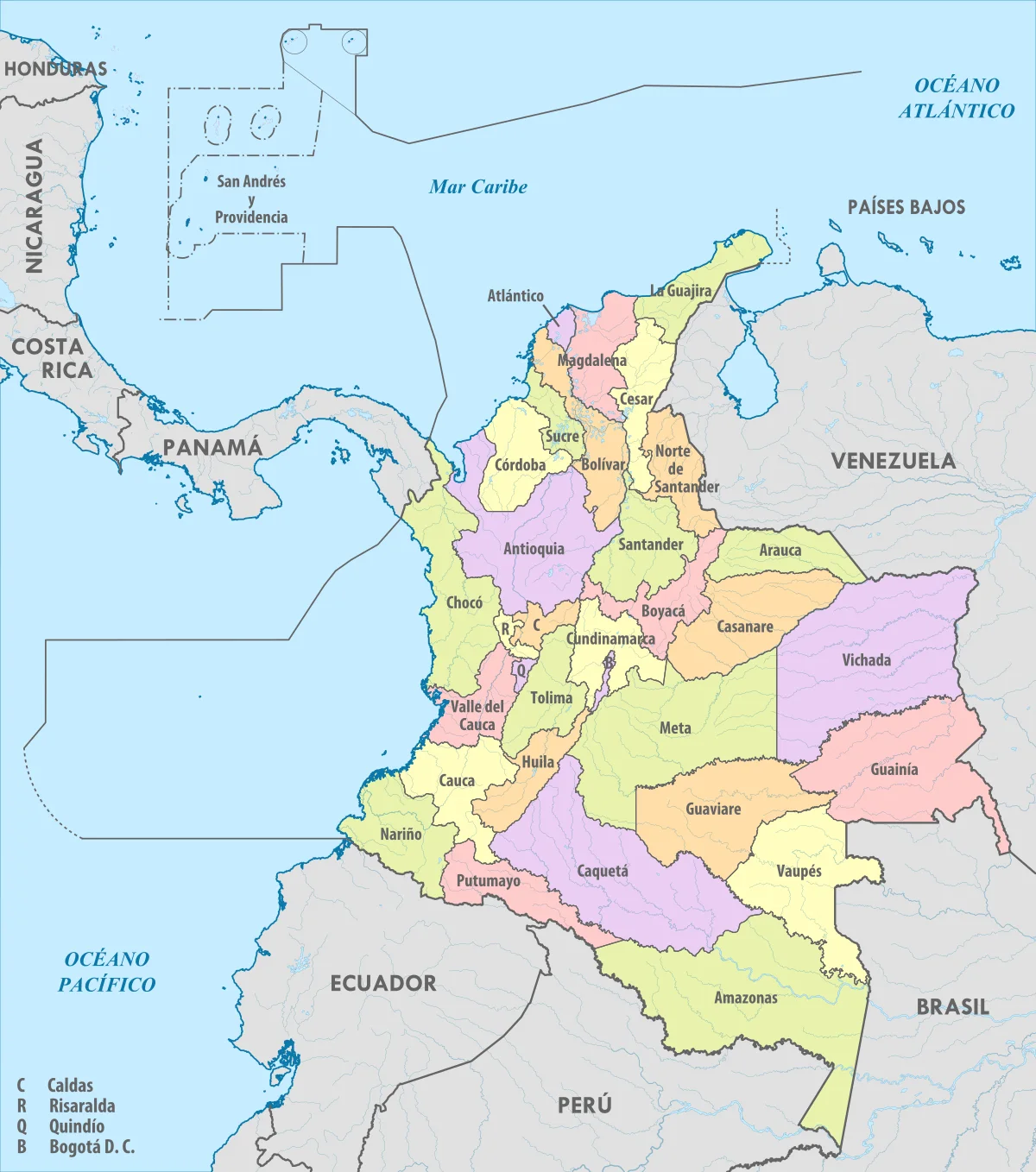 Mapa de Colombia: departamentos, Andes, Caribe, Amazonía y transporte