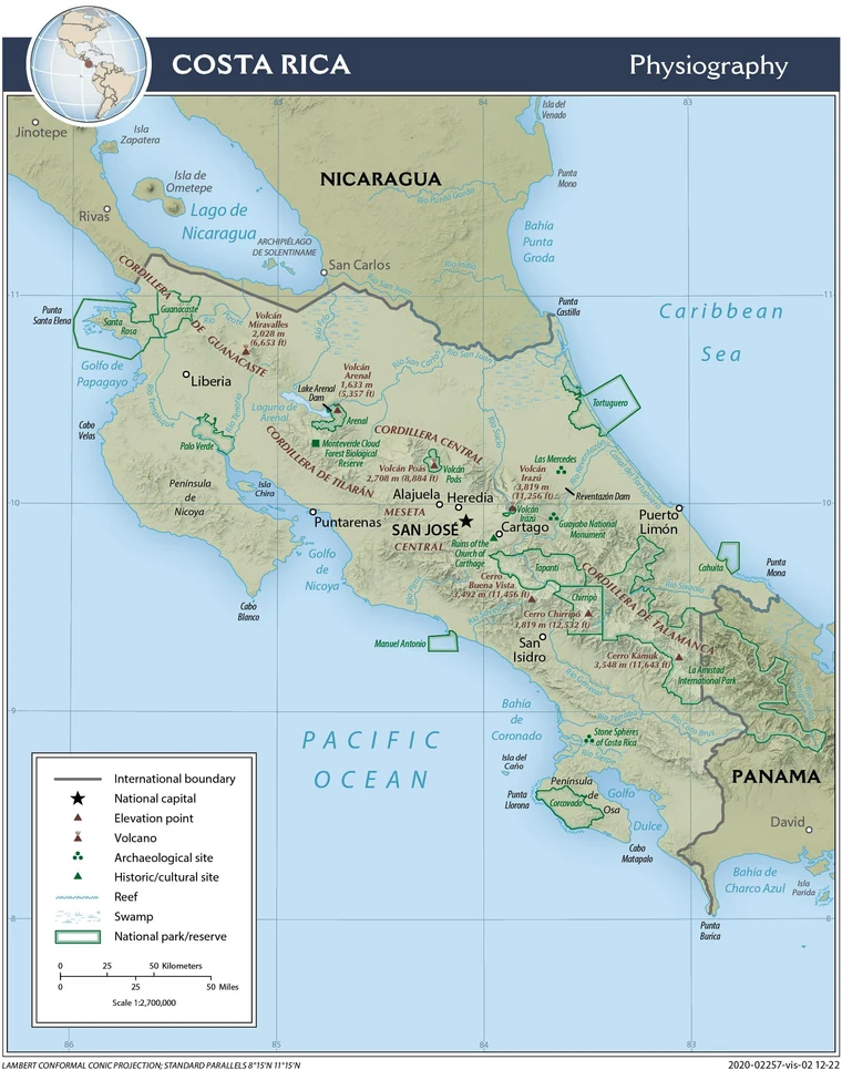 Mapa de Costa Rica: provincias, cantones, relieve y carreteras