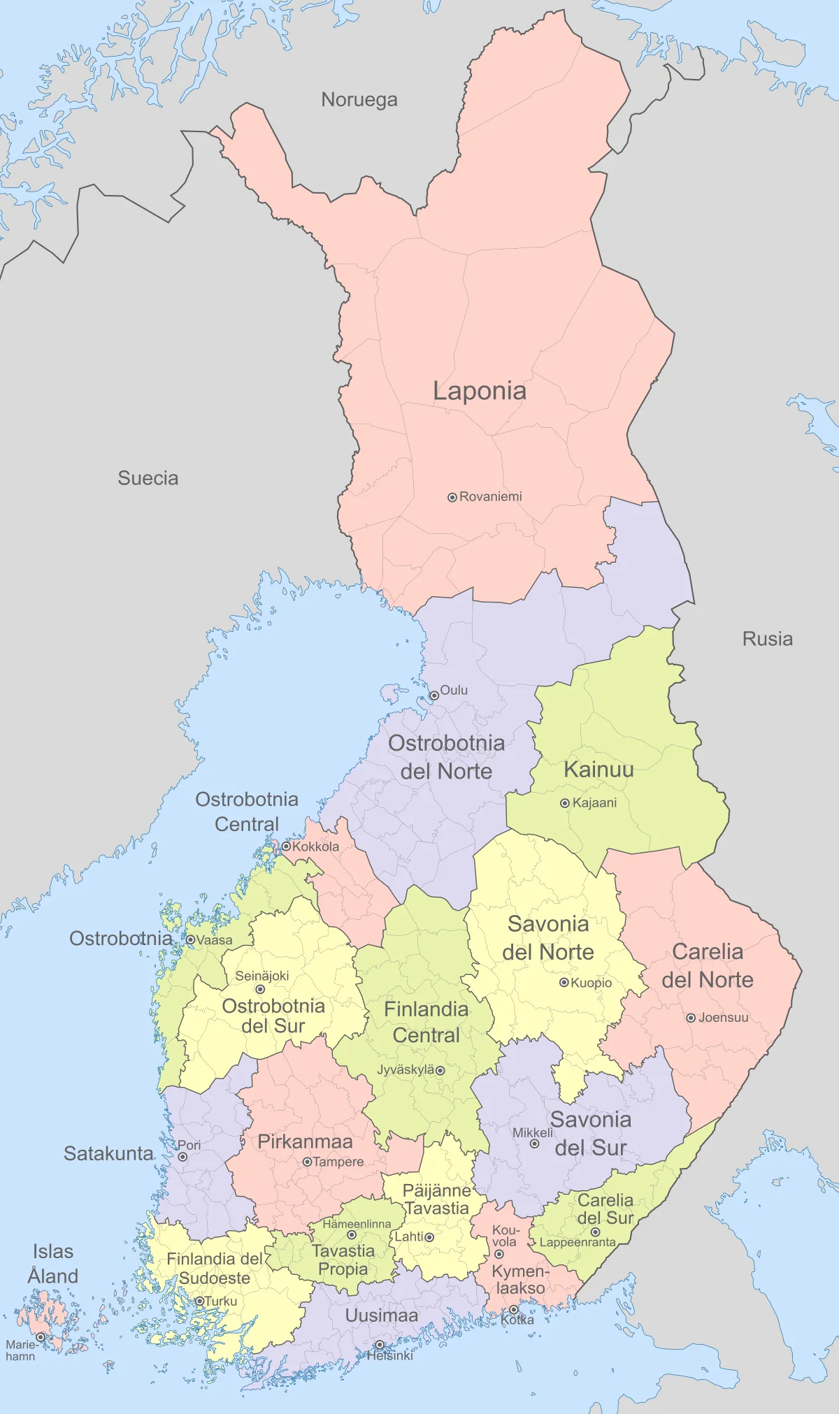 Mapa de Finlandia: regiones, relieve, lagos, clima y trenes