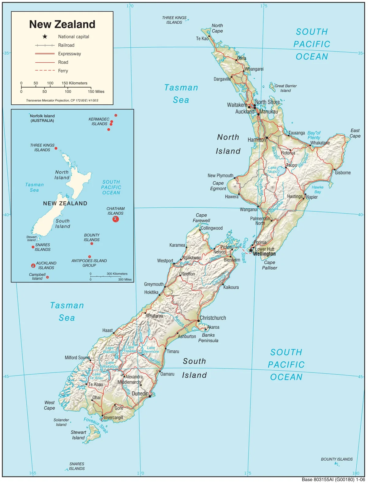 Mapa de Nueva Zelanda: regiones, relieve, carreteras y ferrocarril
