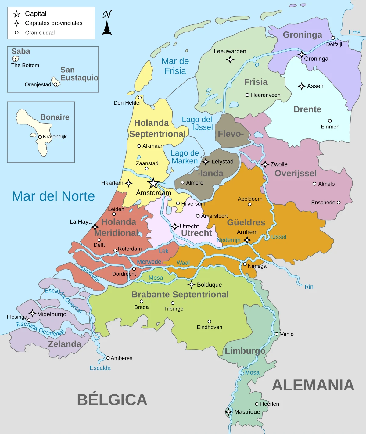 Mapa de Países Bajos: provincias, relieve, agua y trenes